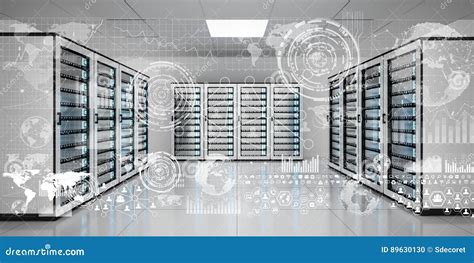 Graph Holograms Flying Over Server Room Data Center 3d Rendering Stock Illustration