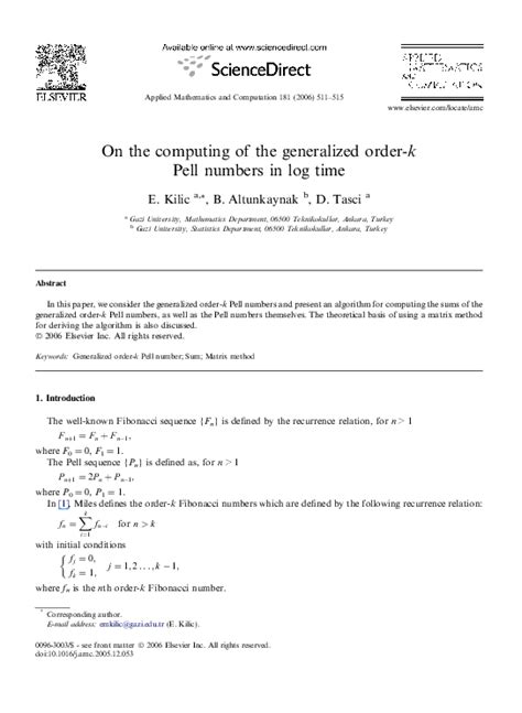 Pdf On The Computing Of The Generalized Order K Pell Numbers In Log Time