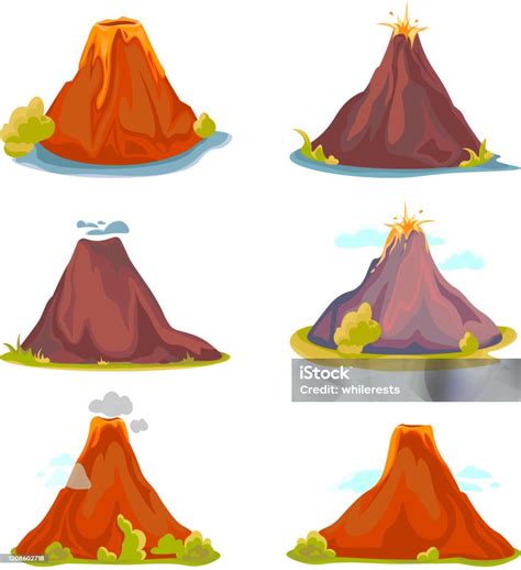 마그마와 용암 만화 뜨거운 화산 불카노 바위 산 아이콘 세트입니다 벡터 일러스트레이션 개체 그룹에 대한 스톡 벡터 아트 및 기타 이미지 개체 그룹 날씨 돌 바위