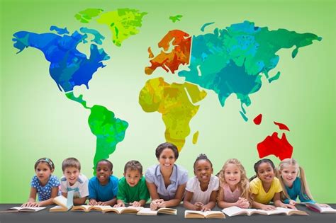 Premium Photo Composite Image Of Cute Pupils Smiling At Camera With Teacher