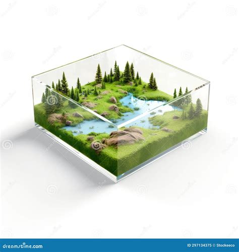 Contemporary Cartoonish 3d Model Of Simulated Forest In Clear Box Stock