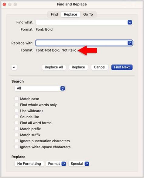 how to find and replace font formatting in word for mac
