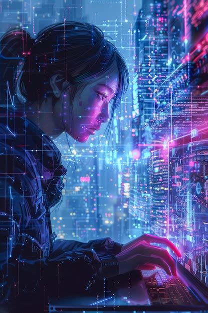 premium photo futuristic cyberpunk woman typing on holographic interface amidst neon cityscape