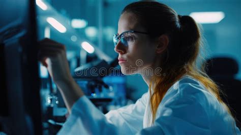 Scientist In Laboratory Analyzing Data On Computer Screen Stock