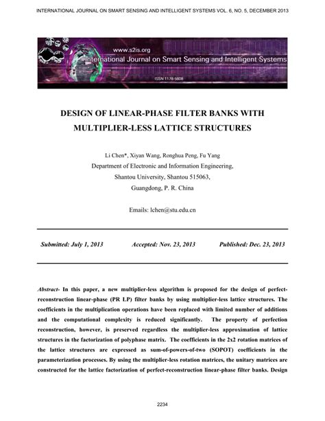 Pdf Design Of Linear Phase Filter Banks With Multiplier Less Lattice Structures