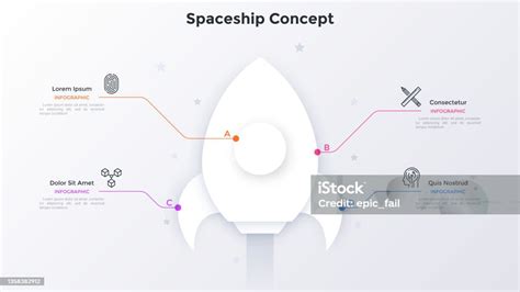 우주 로켓 또는 종이 흰색 우주선은 4 가지 옵션에 연결됩니다 시작 프로젝트 출시의 네 가지 요소의 개념 간단한 인포그래픽 디자인 템플릿입니다 프리젠 테이션을위한 현대적인