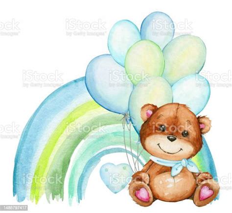 귀여운 테디베어는 무지개 배경에 풍선을 들고 푸른 색을 띤다 고립된 배경에 만화 스타일의 수채화 콘서트 테디 베어에 대한 스톡 벡터 아트 및 기타 이미지 Istock