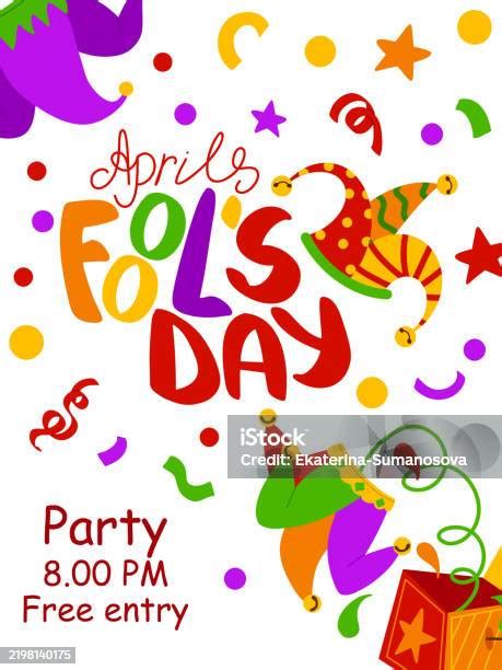 만우절 세로 포스터 템플릿입니다 벡터 일러스트 레이 션 손으로 글자를 쓰고 상자에 잭 광대의 모자 파티 초대장 0명에 대한 스톡 벡터 아트 및 기타 이미지 Istock