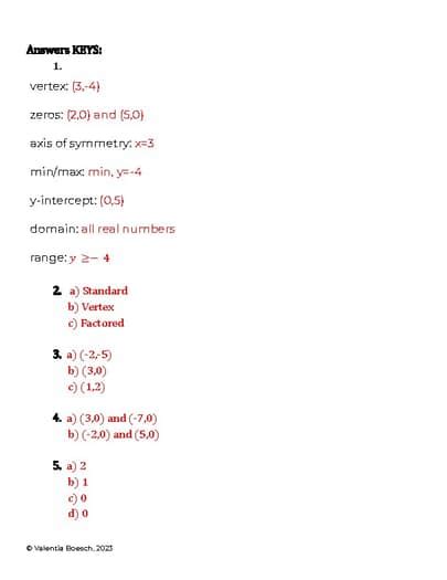 7a Assessment Key Features Of Quadratic Functions By Valentina Boesch