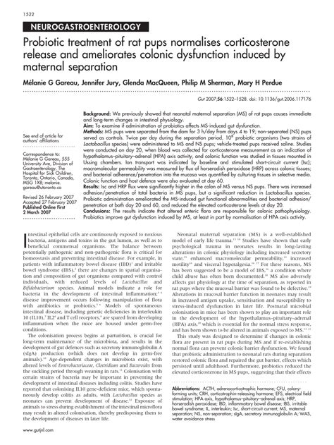 Pdf Probiotic Treatment Of Rat Pups Normalises Corticosterone Release