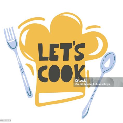 요리하자 카페 나 레스토랑 메뉴 요리 수업 및 학교 실루엣 플랫 벡터 일러스트 라벨 스티커 또는 로고포크와 숟가락 손으로 그린 스타일 포스터와 문자 요리하기 음식 준비에