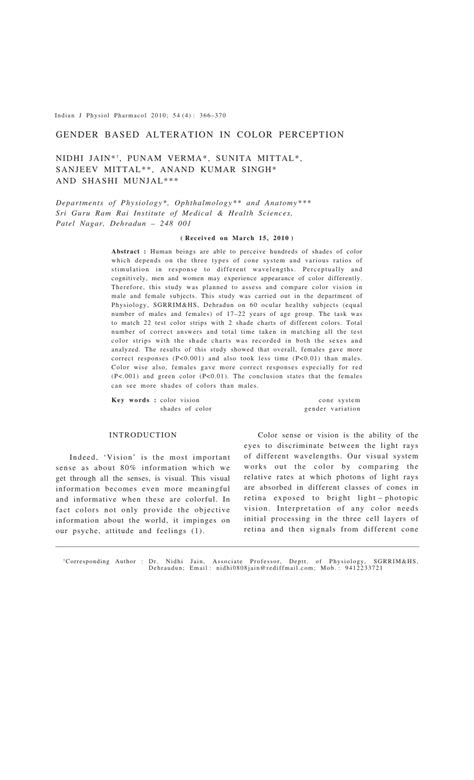 Pdf Gender Based Alteration In Color Perception