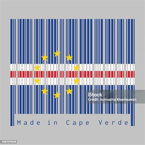 바코드는 회색 배경에 10 스타의 원이 카보베르데 국기 파랑 흰색과 빨간색의 색을 설정합니다 개념에 대한 스톡 벡터 아트 및 기타 이미지 Istock