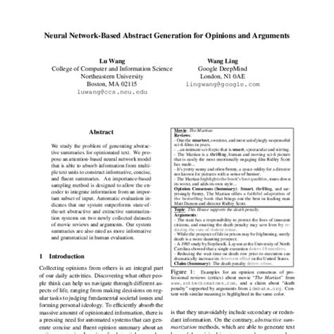 Neural Network Based Abstract Generation For Opinions And Arguments Acl Anthology