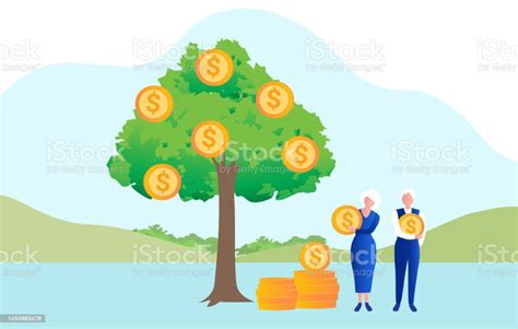 금융 성장과 투자 이익 및 은퇴 재무 계획 벡터 일러스트 레이 션에 대한 수익을 위해 금화 나무에서 돈을 수확하는 노부부 재무 설계에 대한 스톡 벡터 아트 및 기타 이미지