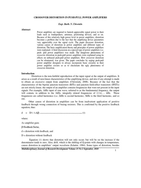 Crossover Distortion In Push Pull Power Amplifiers Pdf Amplifier