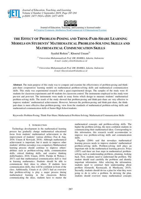 pdf the effect of problem posing and think pair share learning models