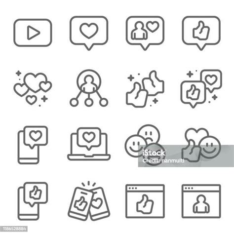 소셜 네트워크 아이콘세트 벡터 일러스트레이션 엄지 손가락 좋아요 공유 사랑 이모티콘 등과 같은 아이콘이 포함되어 있습니다 확장스트로크 아이콘에 대한 스톡 벡터 아트 및 기타