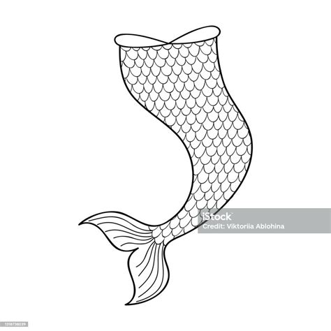 흰색 배경에 고립 된 손으로 그린 인어 꼬리 바다 파티 인사말 또는 초대 카드에 대한 낙서 요소 의류 프린트 디자인 윤곽선 벡터 그림 꼬리지느러미에 대한 스톡 벡터 아트 및