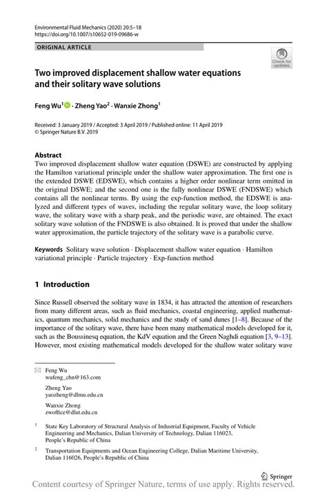 Two Improved Displacement Shallow Water Equations And Their Solitary Wave Solutions Request Pdf