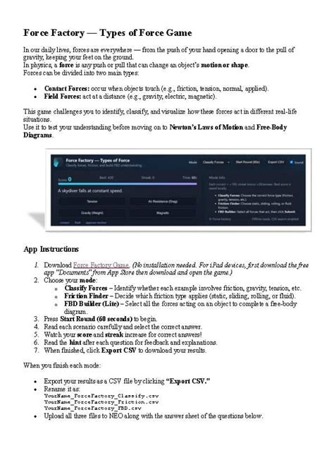 Forces In Action Interactive Game Worksheet Friction And Fbd Challenge