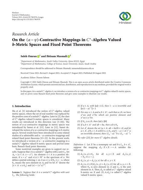 Pdf On The α − ψ Contractive Mappings In C ∗ Algebra Valued B Metric Spaces And Fixed Point
