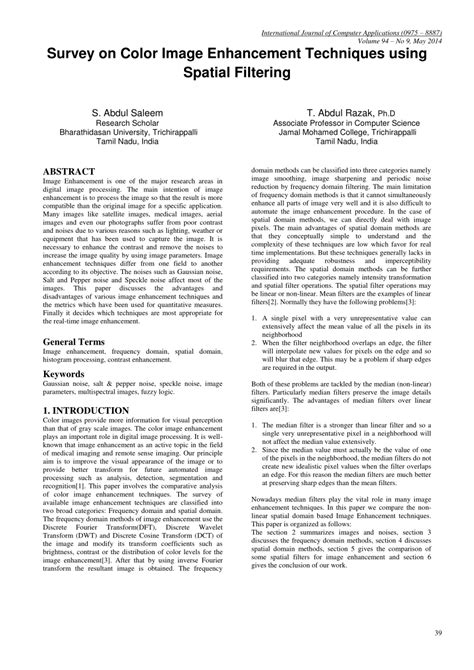 Pdf Survey On Color Image Enhancement Techniques Using Spatial Filtering