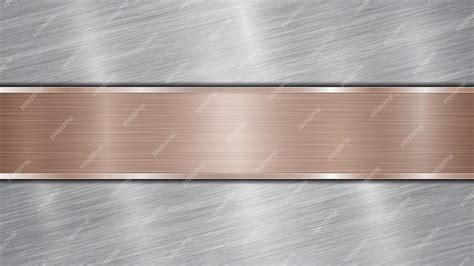 은빛 반짝이는 금속 표면과 금속 질감 눈부심과 광택 가장자리가 있는 중앙에 위치한 하나의 수평 광택 청동 판으로 구성된 배경 프리미엄 벡터
