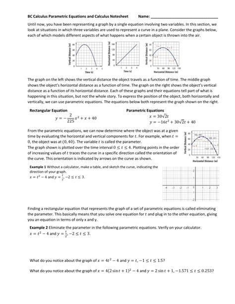 Parametric Equations And Calculus Notesheet