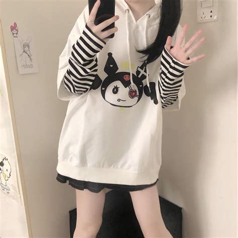 Evil Kuro Stripes Hoodie White L Harajuku Fashion Kawaii Striped