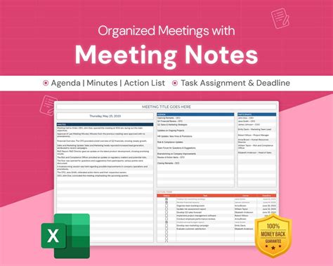 Meeting Notes Excel Template Agenda Minutes Action List Etsy