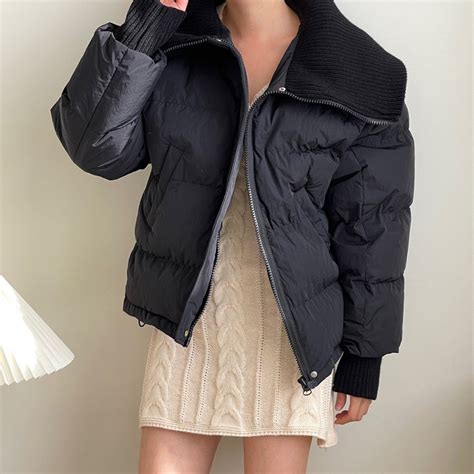 디어에이치 니트 세일러 빅카라 하이넥 웰론 패딩 점퍼 루즈핏 경량 시보리 터틀넥 숏패딩