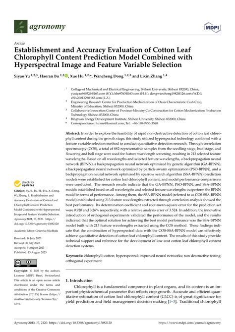 PDF Establishment And Accuracy Evaluation Of Cotton Leaf Chlorophyll
