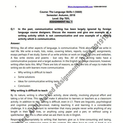 aiou solved assignment diploma tefl 5660 the language skills ii autumn