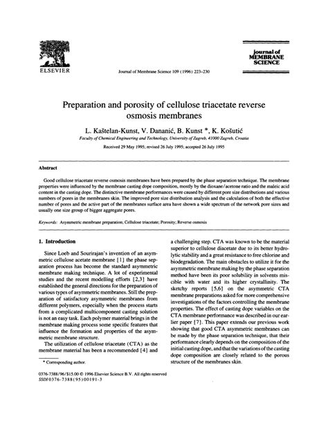 Pdf Preparation And Porosity Of Cellulose Triacetate Reverse Osmosis Membranes