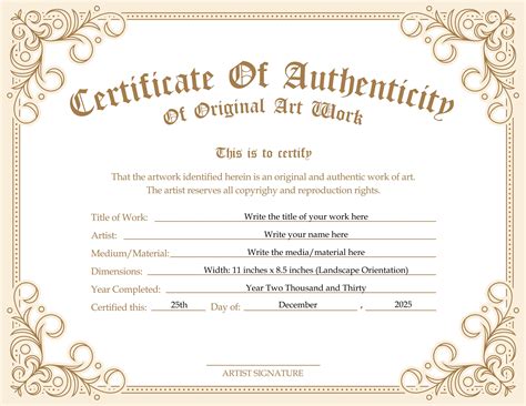 Printable Blank Certificate Of Authenticity Template