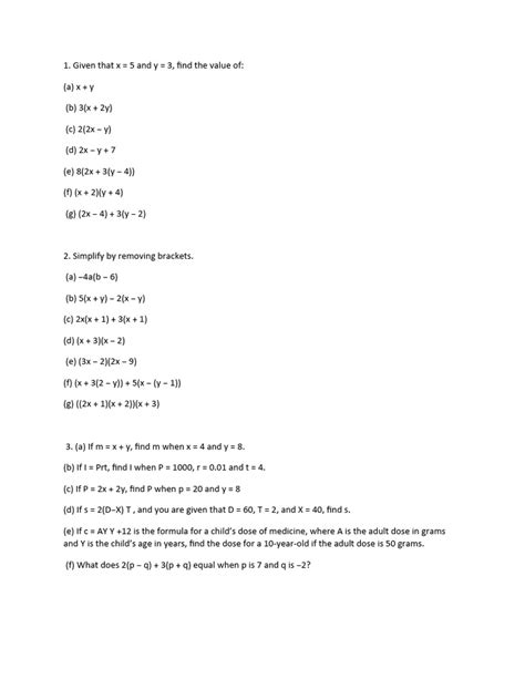 Algebra Revision Worksheet Pdf