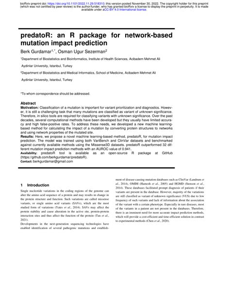 Pdf Predator An R Package For Network Based Mutation Impact Prediction