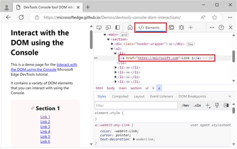 interact with the dom using the console microsoft edge developer