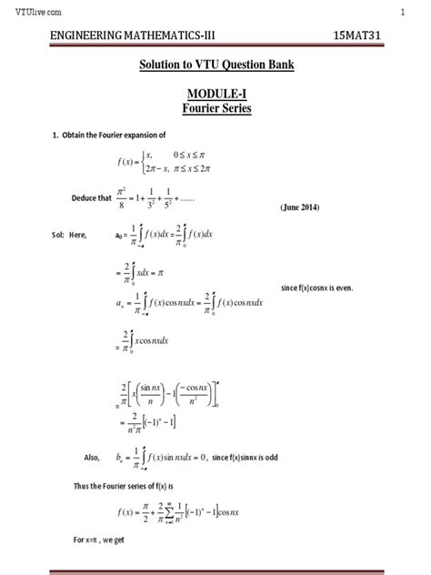Cse Iii Engineering Mathematics Iii 15mat31 Solution Pdf Pdf Sine Fourier Series