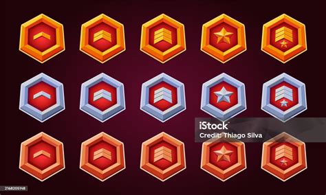 게임 레벨 업 보상 배지 세트 순위 보상 승리 성공 공로상 트로피 벡터 평면 황금 상징 위한 와 진보 와 의한 진찰 와 번역 붉은 색 1위에 대한 스톡 벡터 아트 및 기타