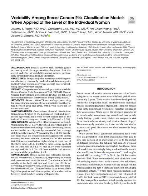 Pdf Variability Among Breast Cancer Risk Classification Models When Applied At The Level Of