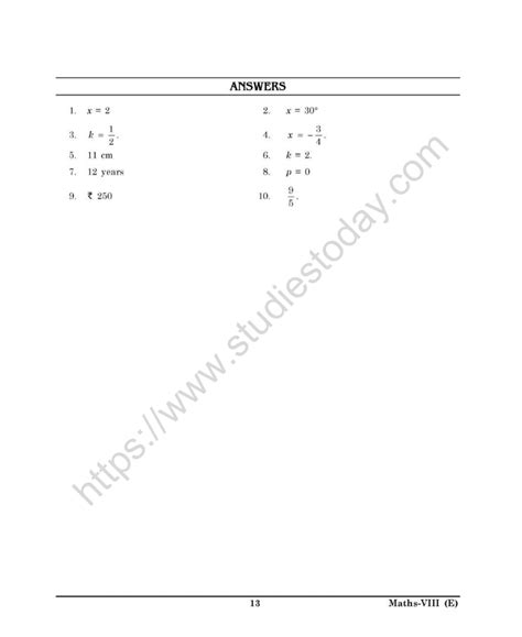 Cbse Class 8 Mental Maths Linear Equations In One Variable Worksheet