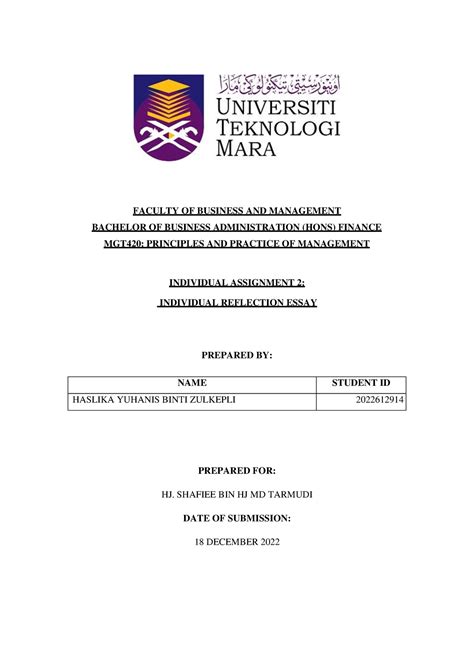 Mgt420 Individual Assignment 2 Individual Reflection Essay Faculty Of Business And