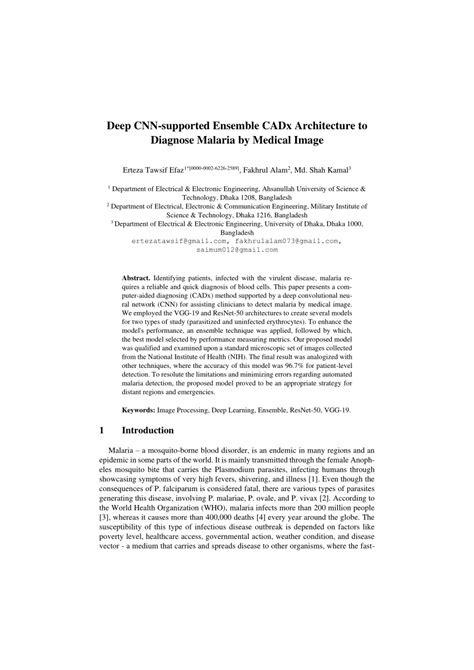 Pdf Deep Cnn Supported Ensemble Cadx Architecture To Diagnose Malaria By Medical Image