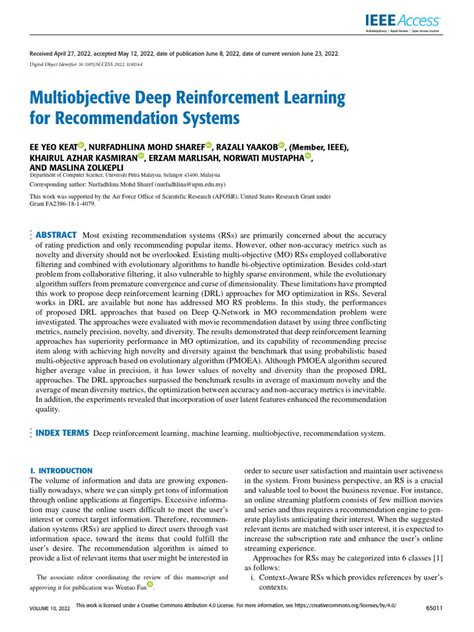 Multiobjective Deep Reinforcement Learning For Recommendation Systems