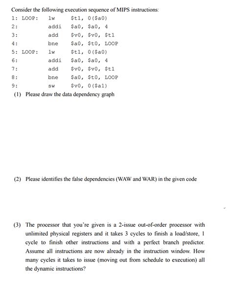 Solved Consider The Following Execution Sequence Of Mips