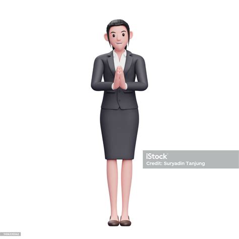 나마스트 제스처를하는 공식적인 옷에 아름다운 여자 3d 렌더링 비즈니스 여성 캐릭터 일러스트 사무실에 대한 스톡 사진 및 기타 이미지 Istock