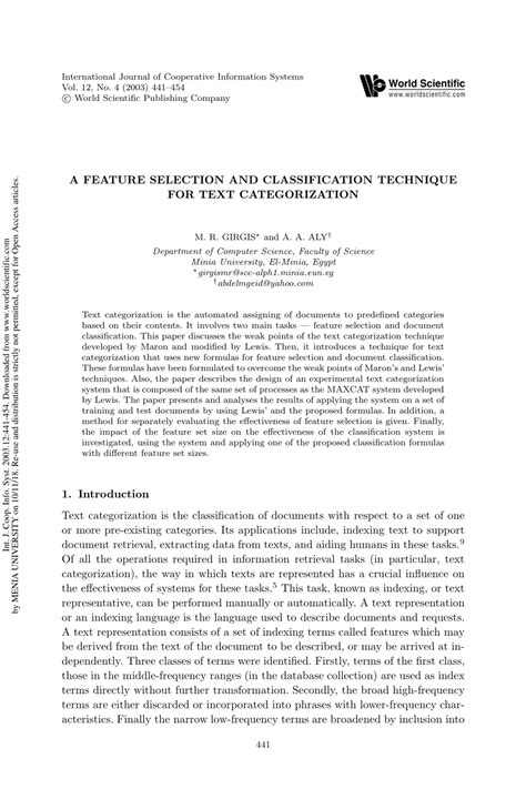 Pdf A Feature Selection And Classification Technique For Text Categorization
