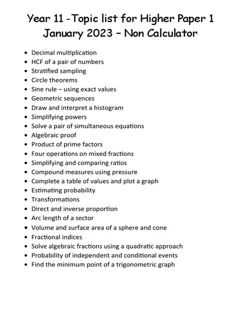 Year 11 Maths Non Calculator Paper 1 Topic List Pdf